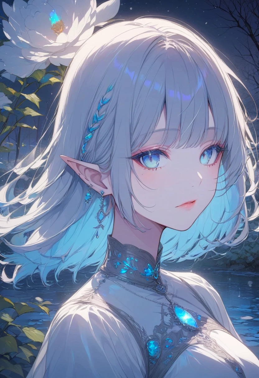 A female elf with long, light blue hair, flecks, light blue eyes that ...