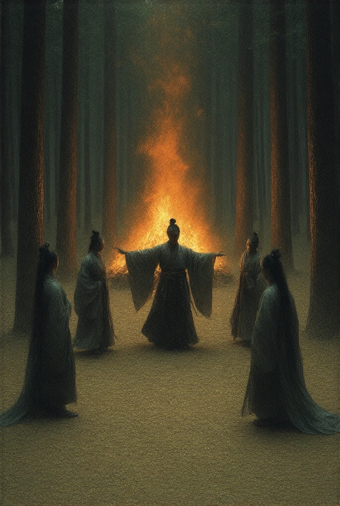 Surrealism oil painting style，In a Nordic forest ，Six people wearing ...