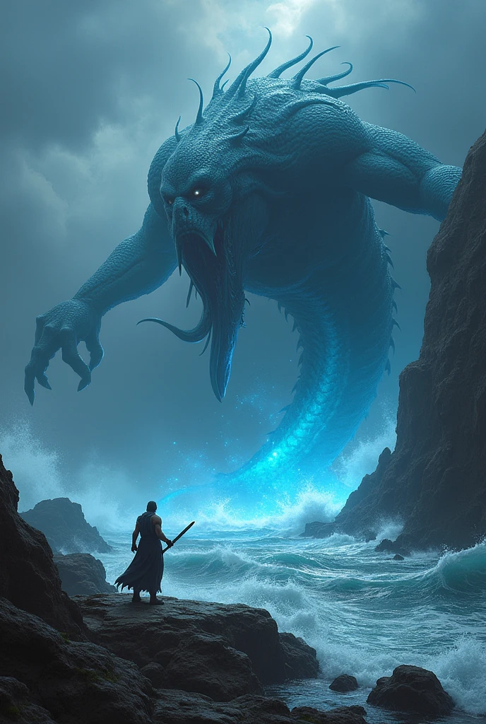 "A heroic warrior, Perseus, stands on a rocky shoreline facing a ...