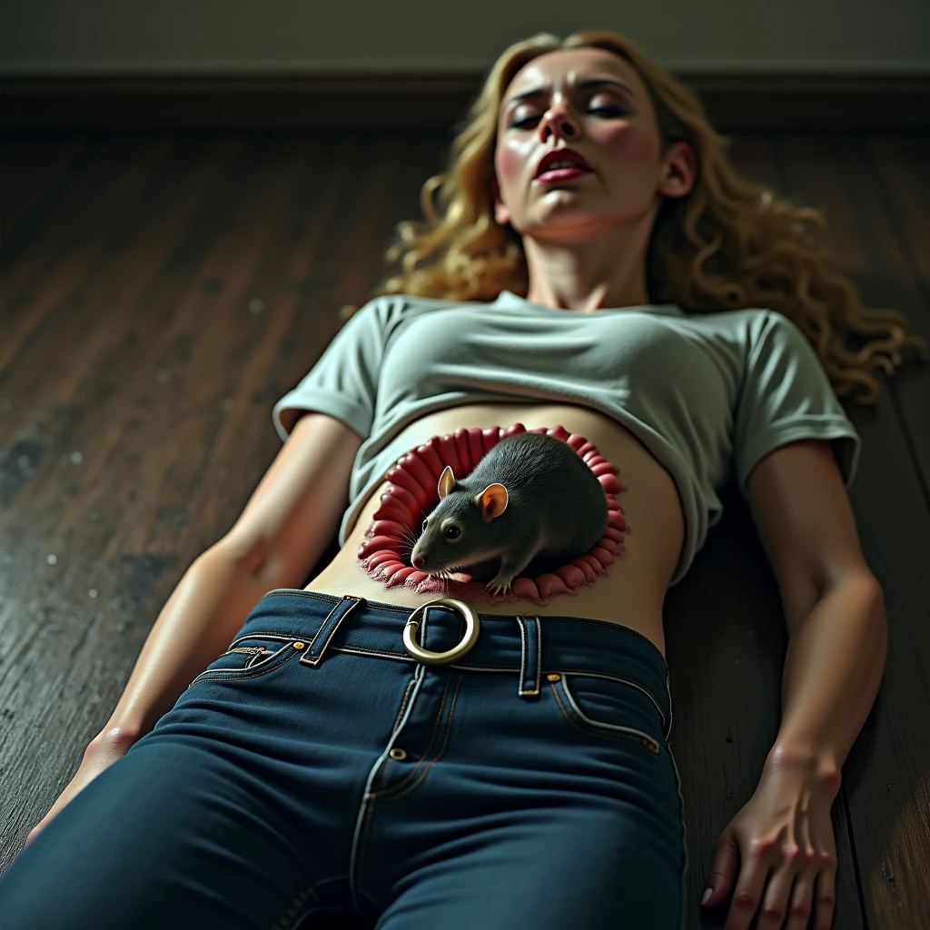 A cinematic art style image of a rat trapped in a cage on the stomach ...