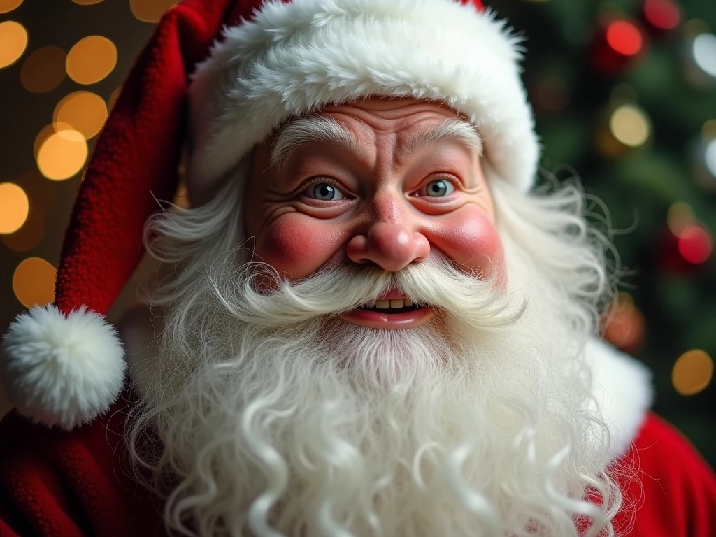 "Sweet and good-natured Santa Claus, close-up, with a big white beard ...