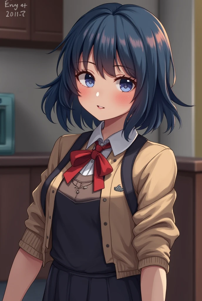 Create the scene with 2 girls, one with blue hair and red streaks and ...