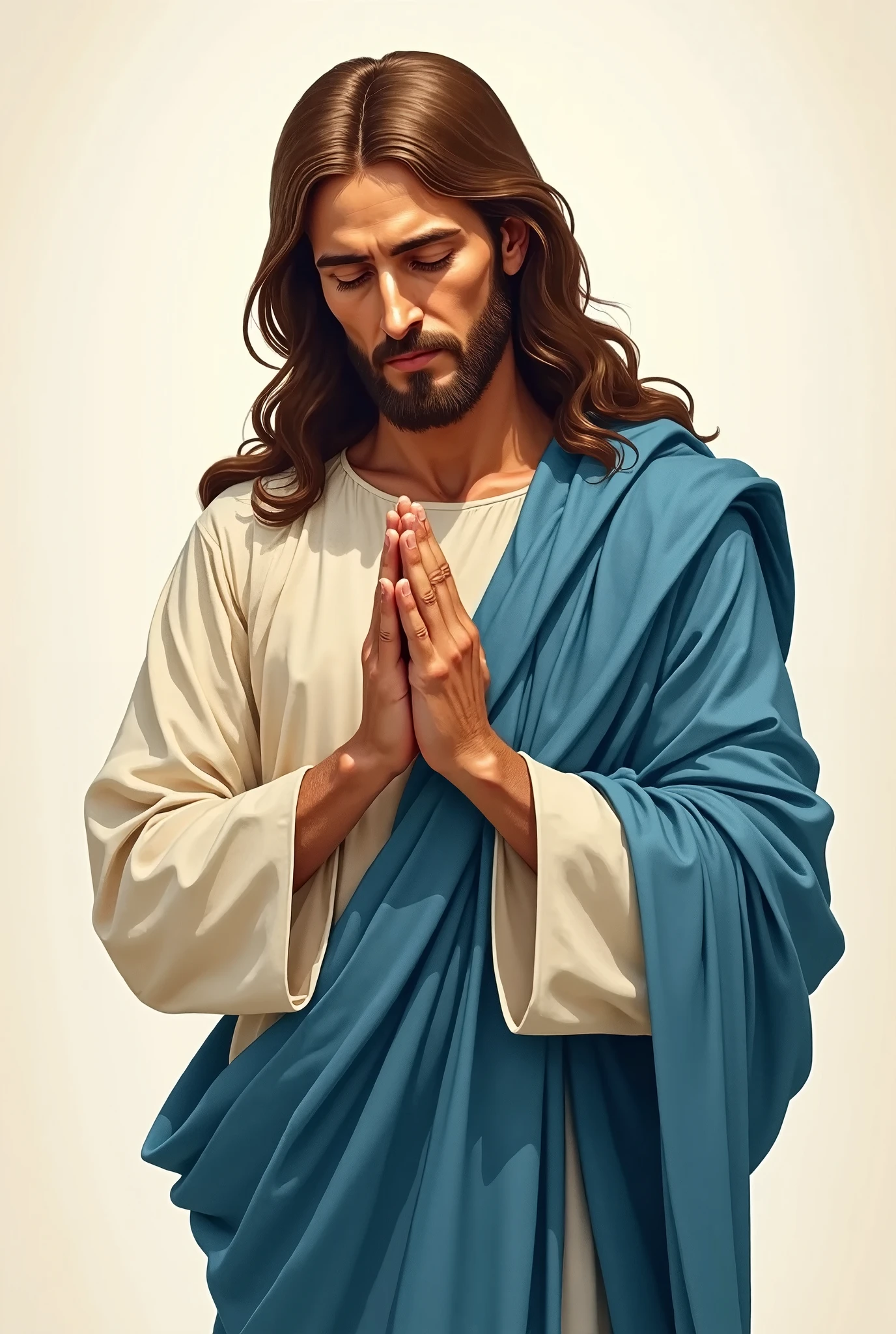 Jesus is praying in a blue robe with his hands folded - SeaArt AI