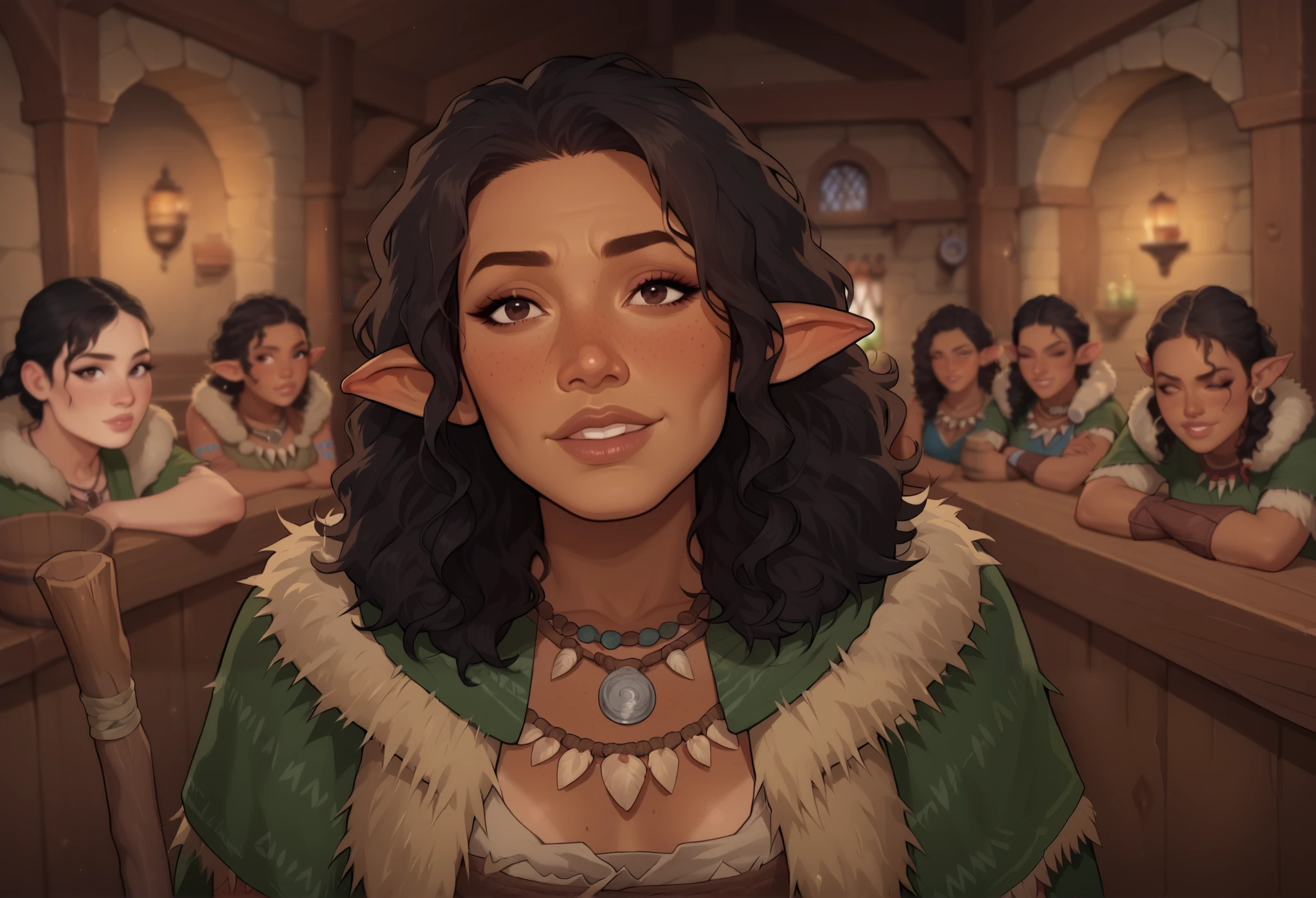 There is a woman with a green dress and a necklace in a room - SeaArt AI