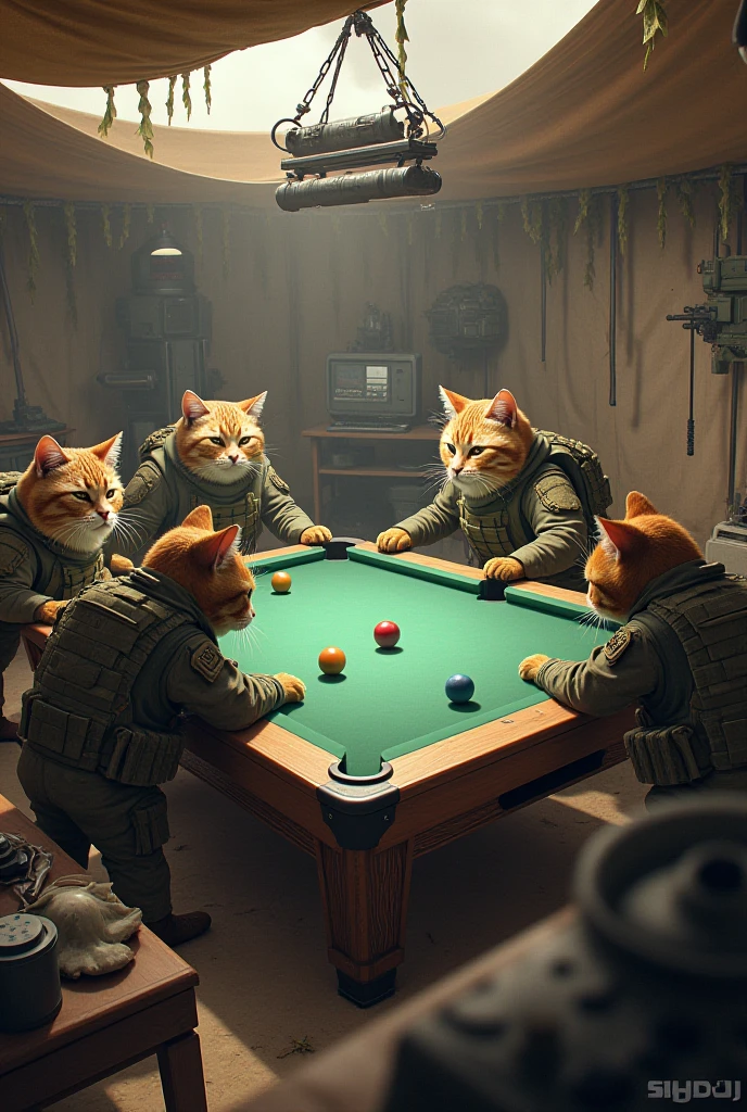 Military cats playing pool table inside a camp - SeaArt AI