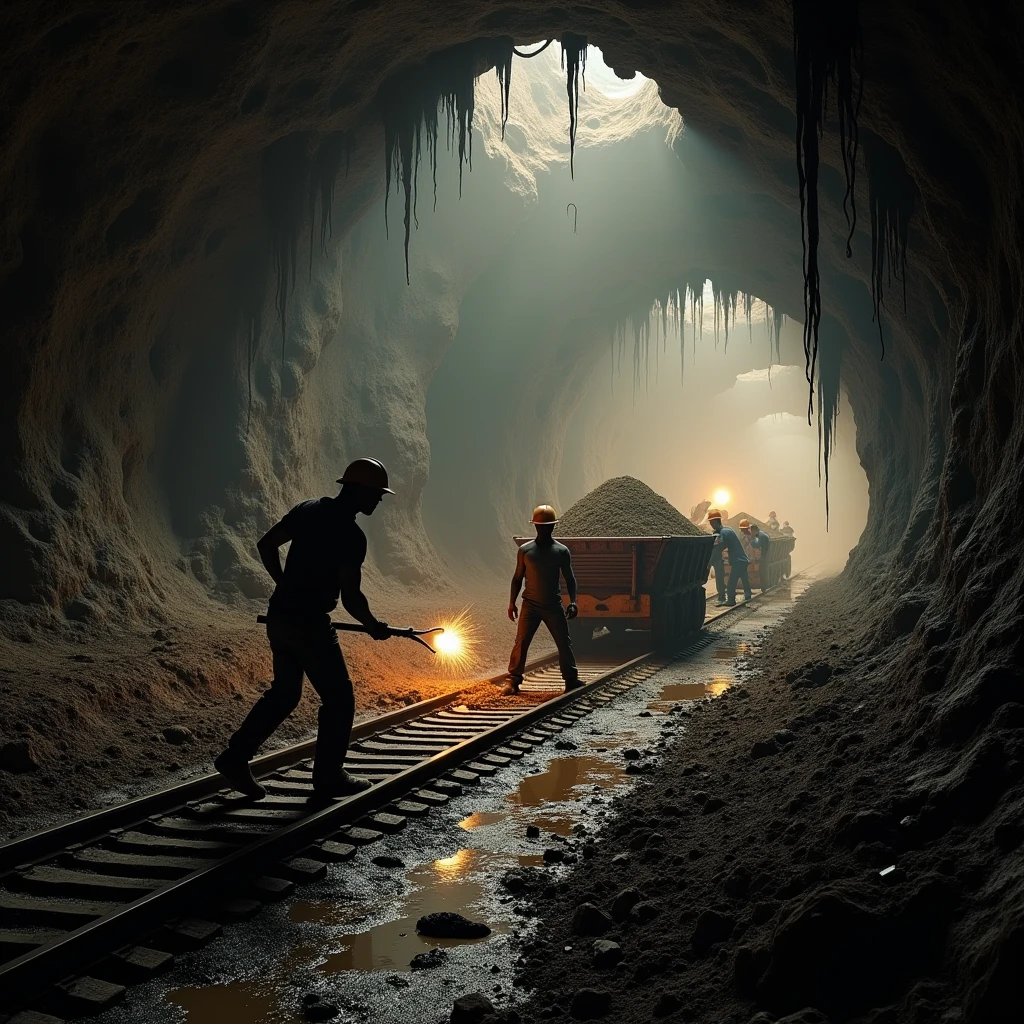 A hyper-realistic image of underground laborers hard at work in a dark ...