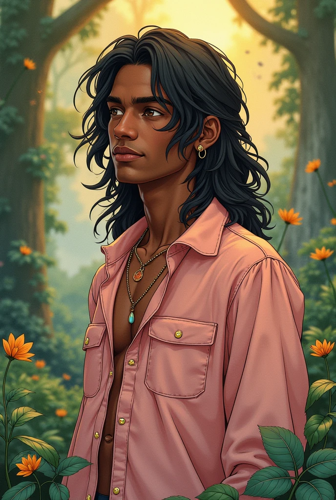 The model is a sexy African manhwa man, he looks with love and is elf ...