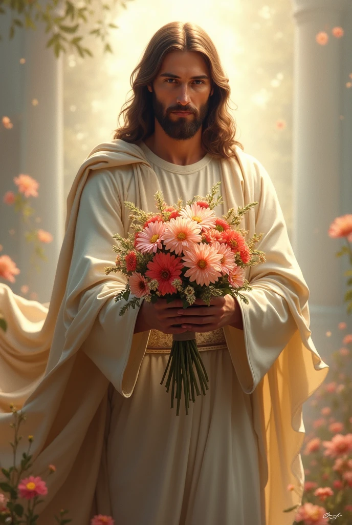Jesus extending the bouquet of flowers forward - SeaArt AI
