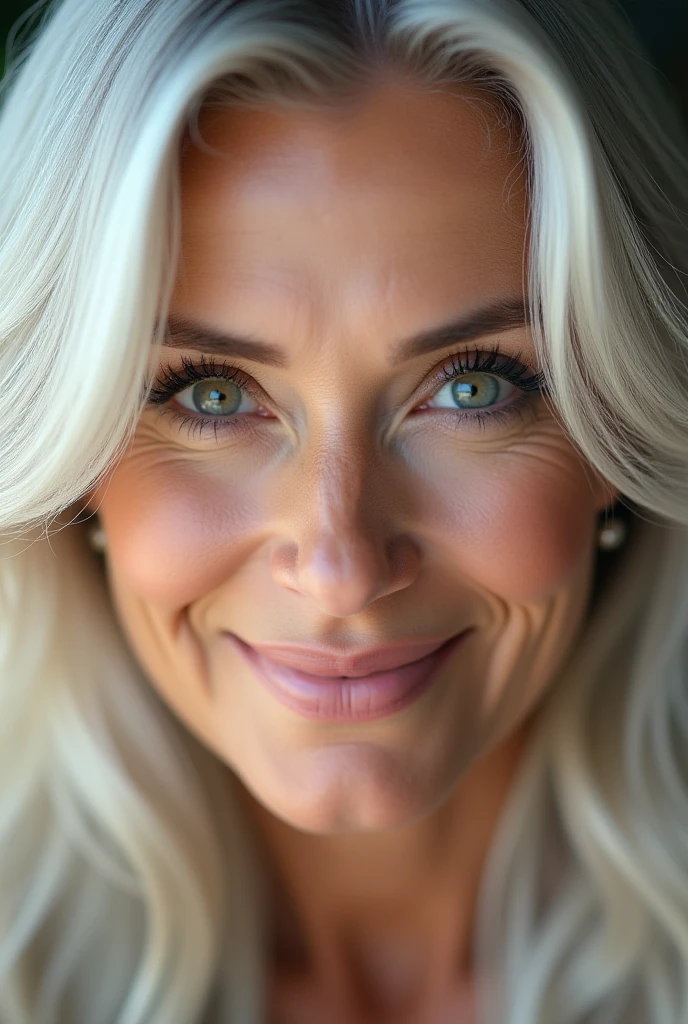 Una donna con capelli bianchi. Very beautiful and with an excited look ...