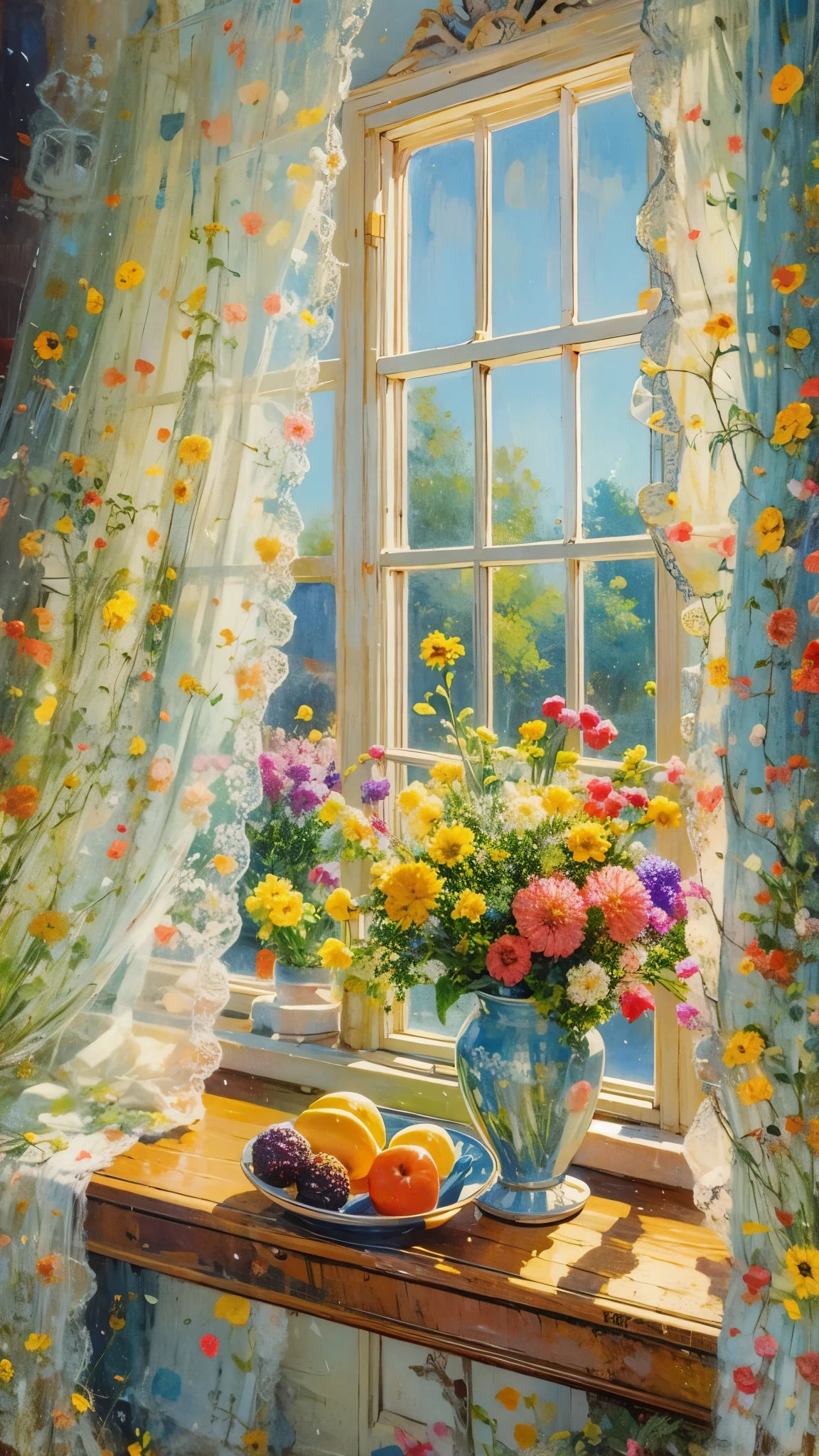 Painting of a window with a vase of flowers and fruit on a table ...