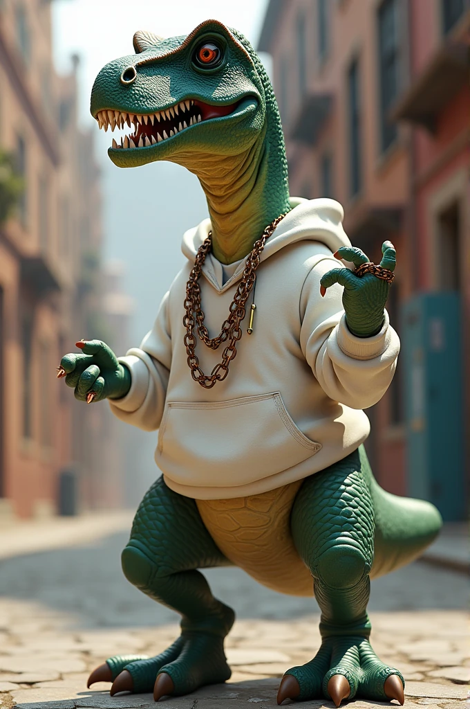 dinosaur, with white sweatshirt, chain on the neck. rings on the ...