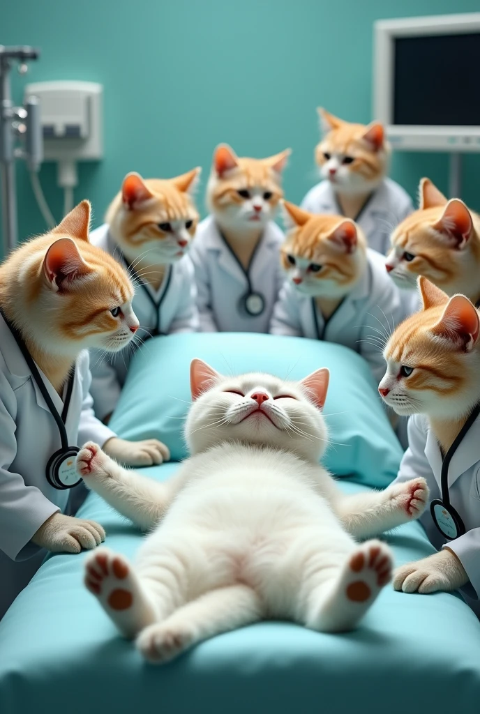 The image shows a group of doctors and cats in a hospital room - SeaArt AI