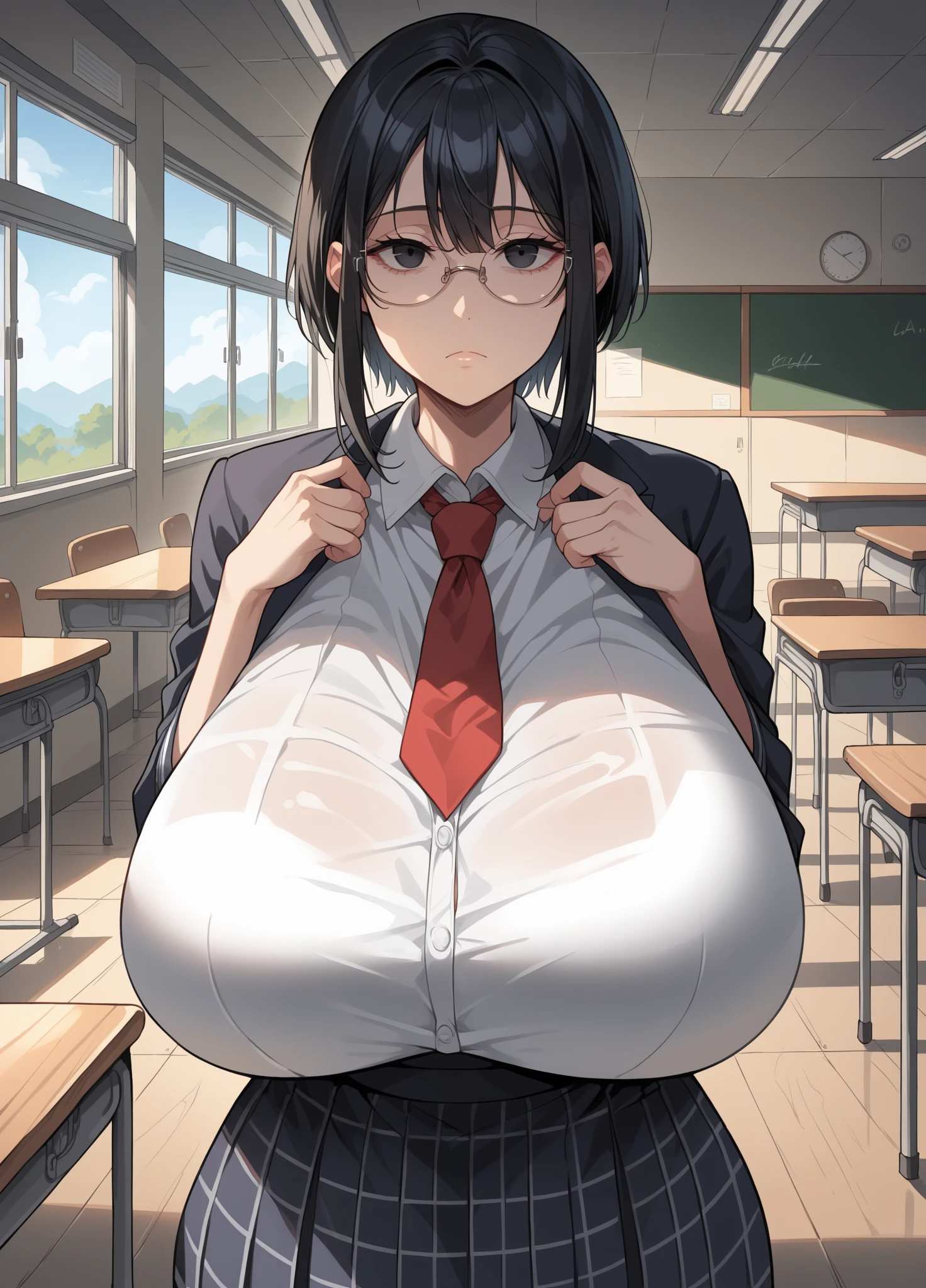 1 girl, alone, huge breasts, black hair, black eyes, indoors - SeaArt AI