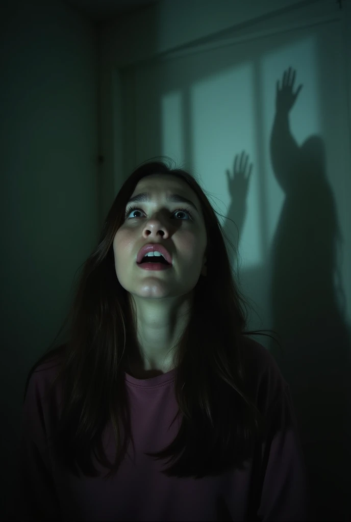 A scene where a young woman with a fearful expression looks upward ...