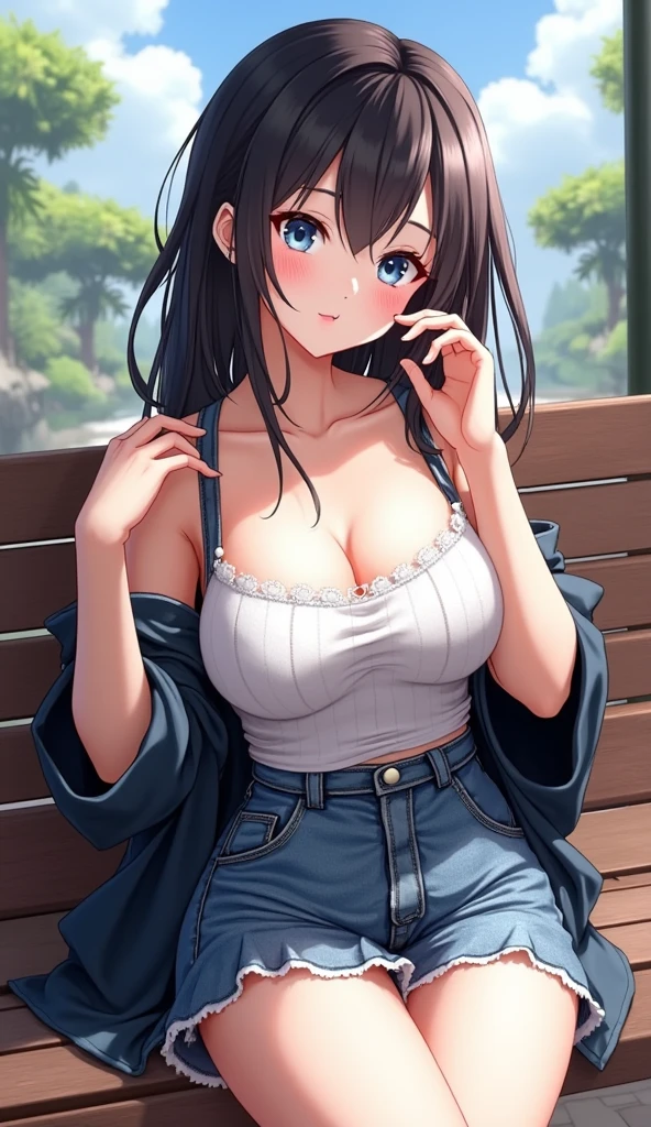 Anime Girl Sitting On A Bench With A Shirt On Attractive Anime Girl