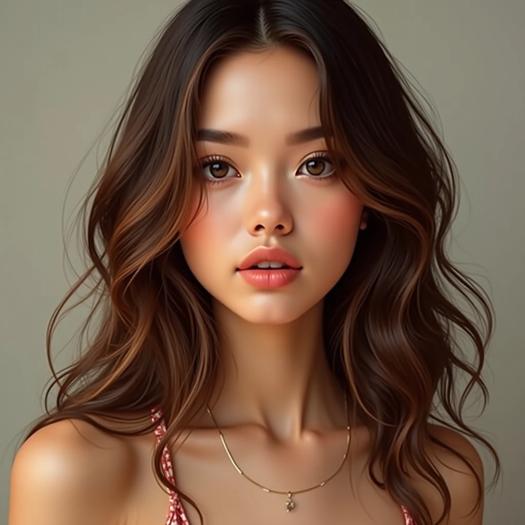 25 year old brunette girl with wavy hair and big lips - SeaArt AI