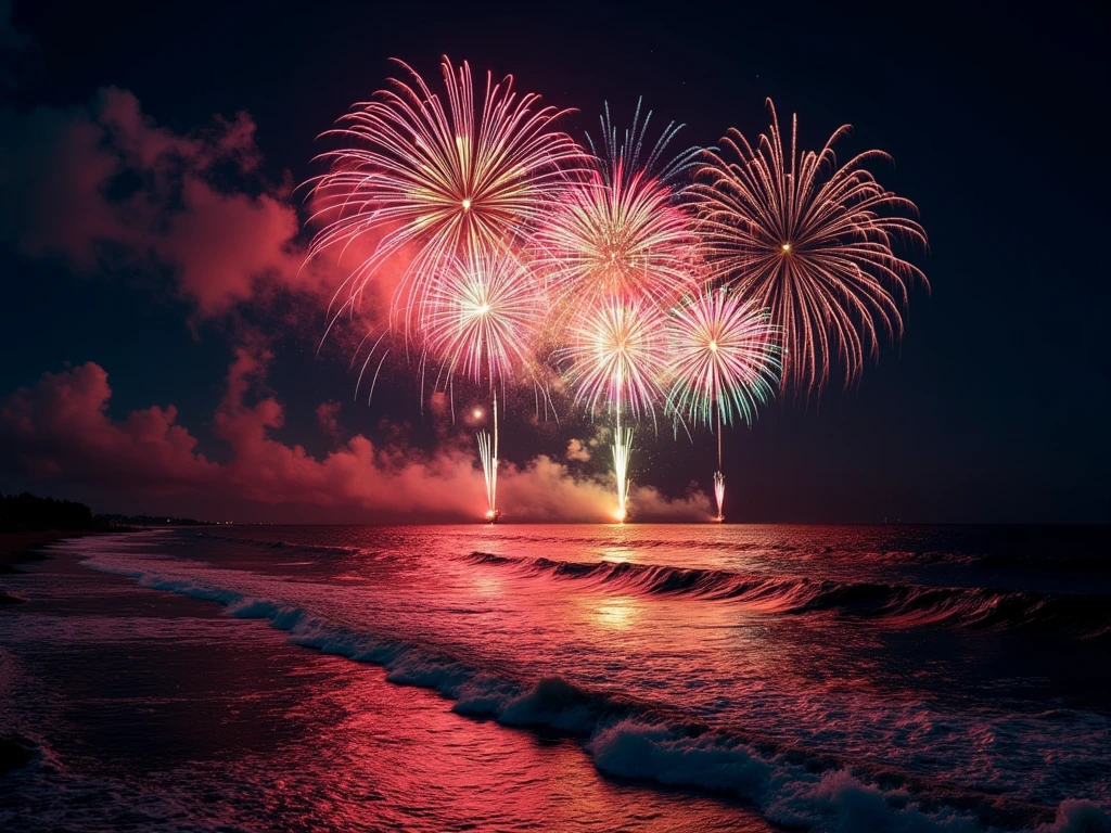 Fireworks over the sea, close-up, night, bright colors - SeaArt AI