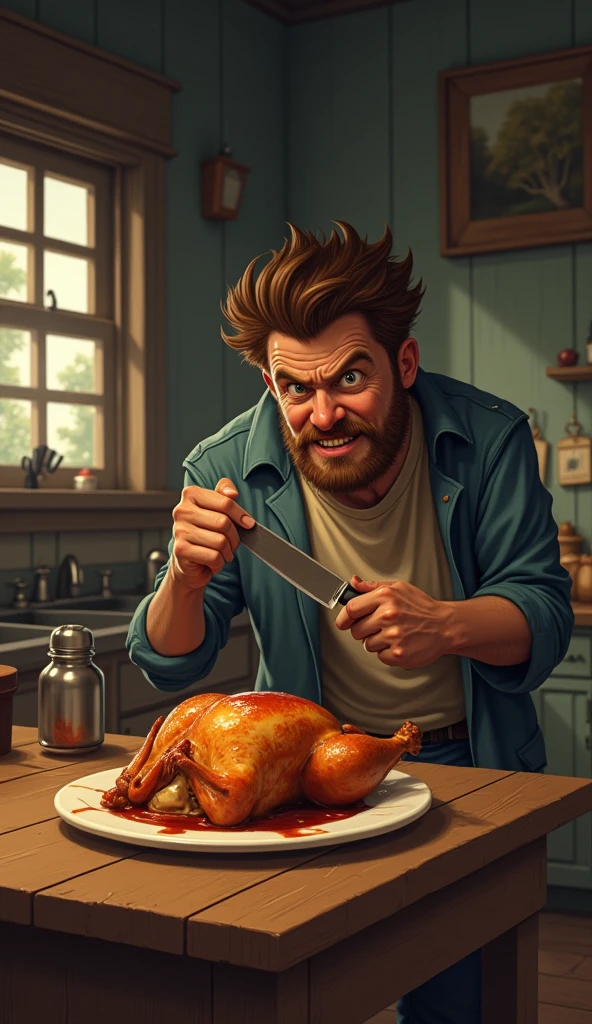 The greedy brother in the act of killing the chicken inside his kitchen ...