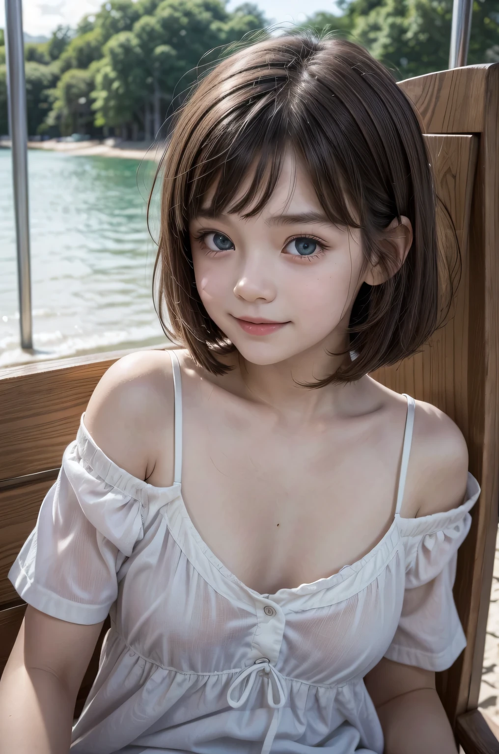 Arafed asian girl sitting on a bench near a lake - SeaArt AI