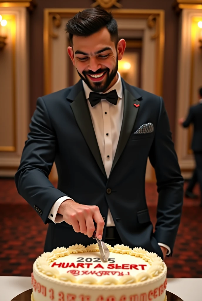 Create hyper realistic image of virat kohli cutting cake ,which write ...