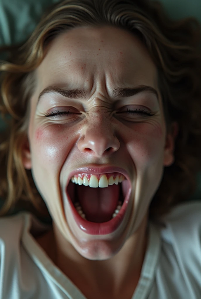 Photo of a woman orgasm, very expressive face, caucasian, very pale ...