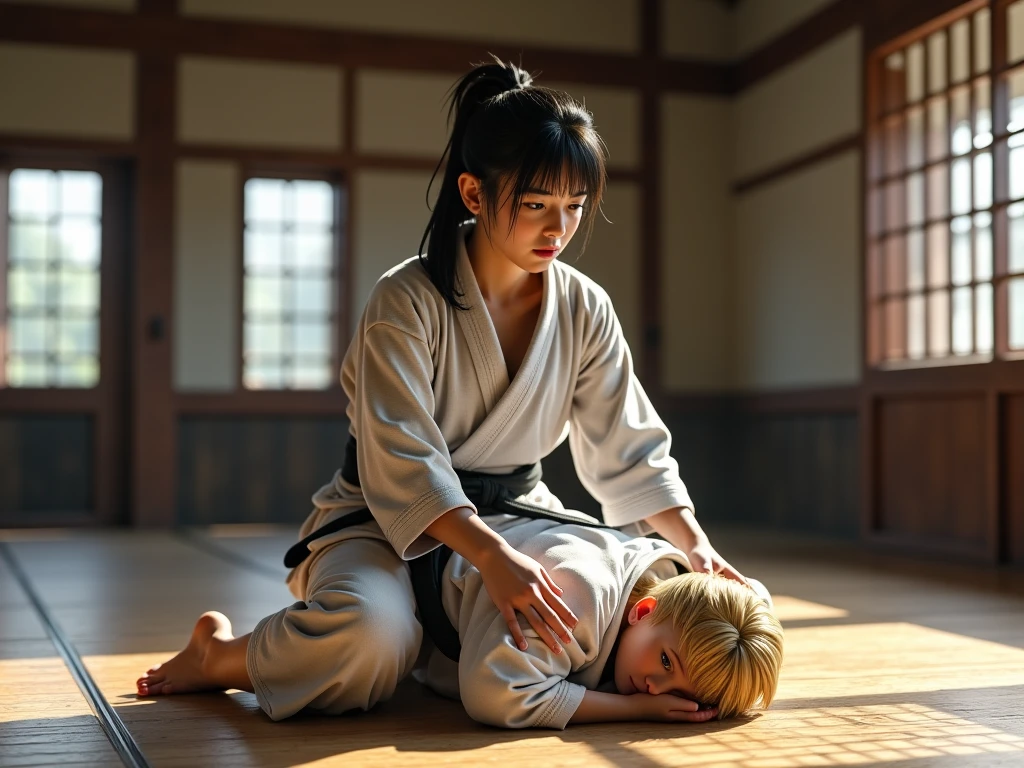 Old dojo, japanese judogirl defeat blonde with a jiu-jitsu kimono ...