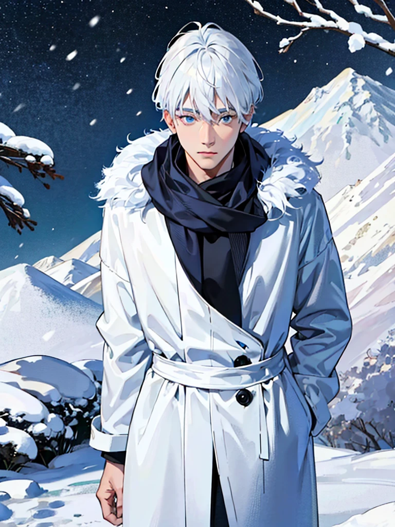 Gojo Satoru walks in the heavy winter snow ,White hair , blue eyes ...