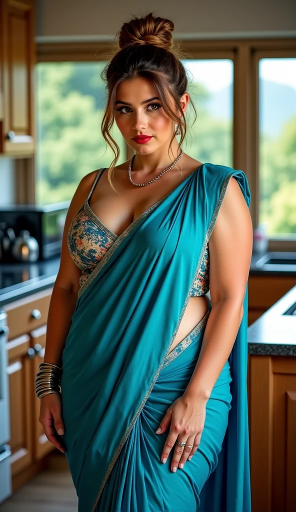 Arafed big curvy woman in a full cyan printed saree with pallu draped ...