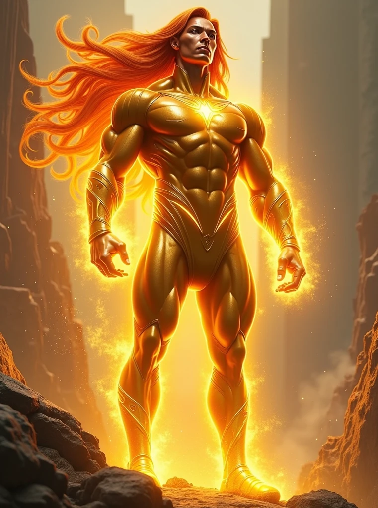 Golden-skinned superhero with hair and cape - SeaArt AI