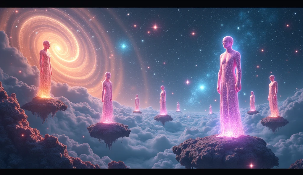 Visualize a cosmic realm where ethereal figures embody various aspects ...