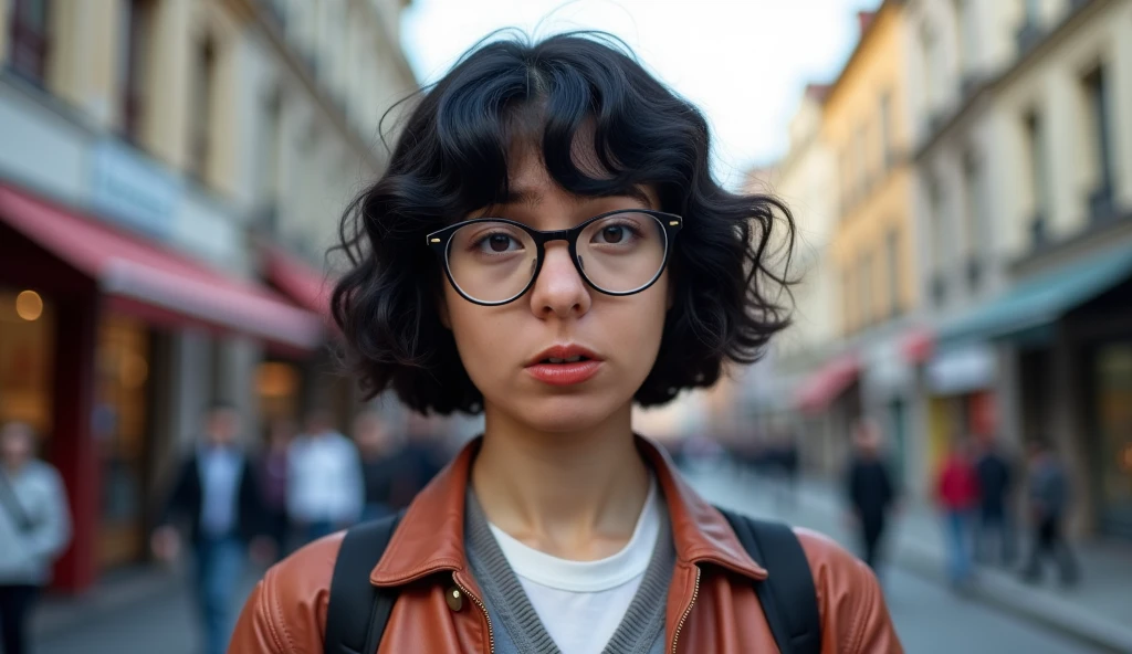 A realistic photo of a 20-year-old girl. She has short curly black hair ...