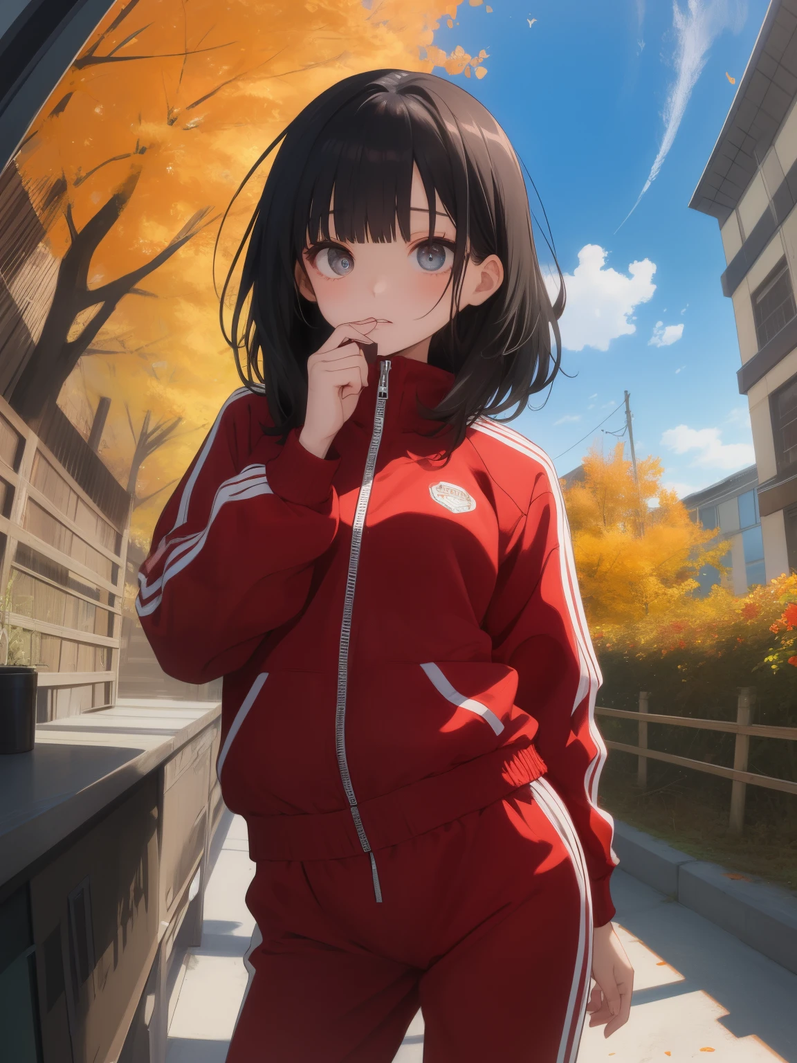 Anime girl in red tracksuit posing for camera in urban setting - SeaArt AI
