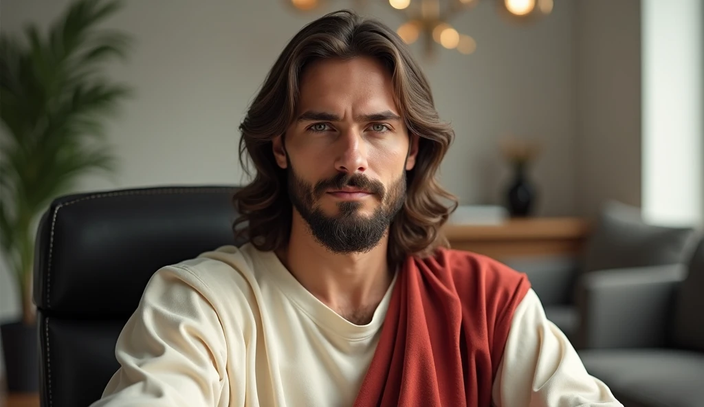 Handsome Jesus in a chair in a professional office talking to the ...