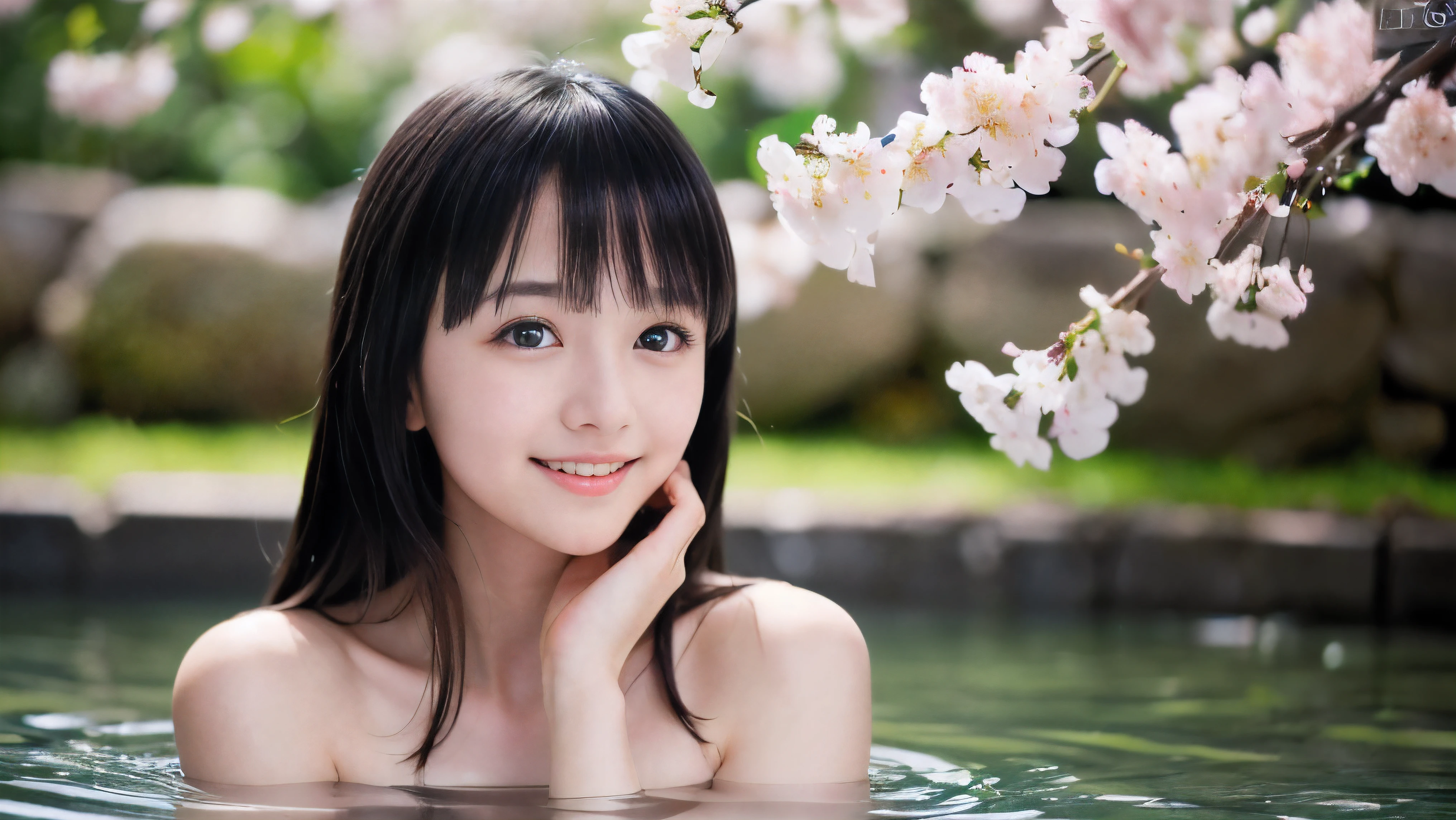 There is a woman that is in the water with a cherry tree - SeaArt AI