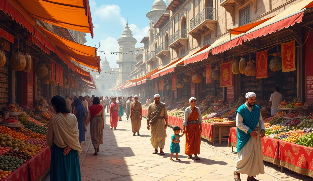 A lively market where products are sold in colorful stands, with ...