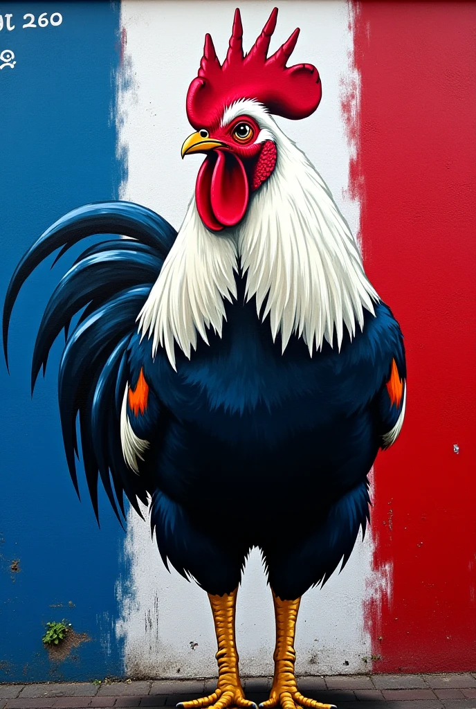 Graffiti of an emblematic rooster of France, on a tricolour blue white ...
