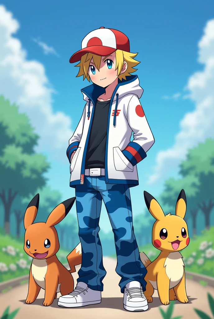 Create a Pokémon trainer boy who is around 18 years old, wear a white ...