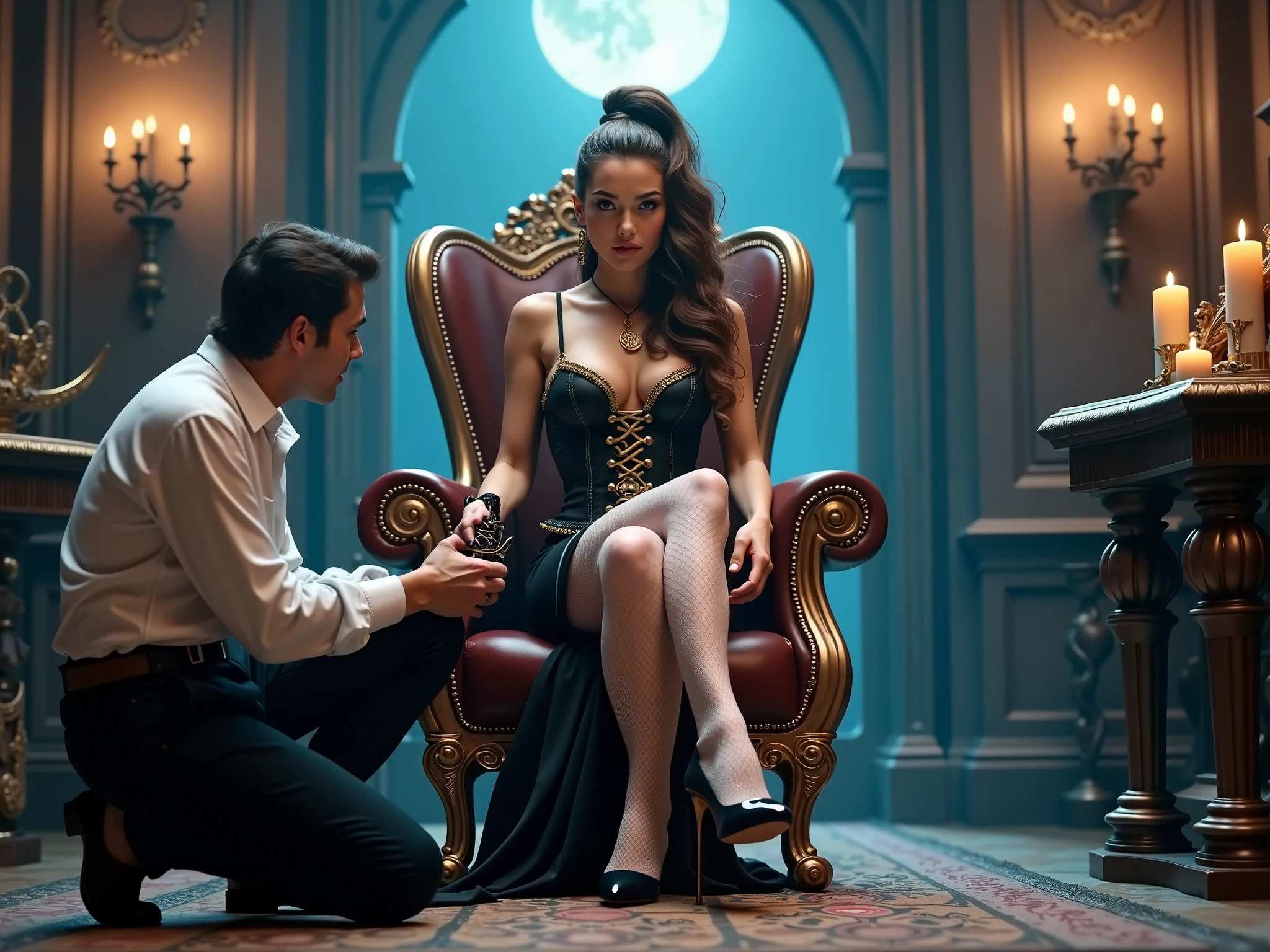 There is a man kneeling down next to a woman in a chair - SeaArt AI