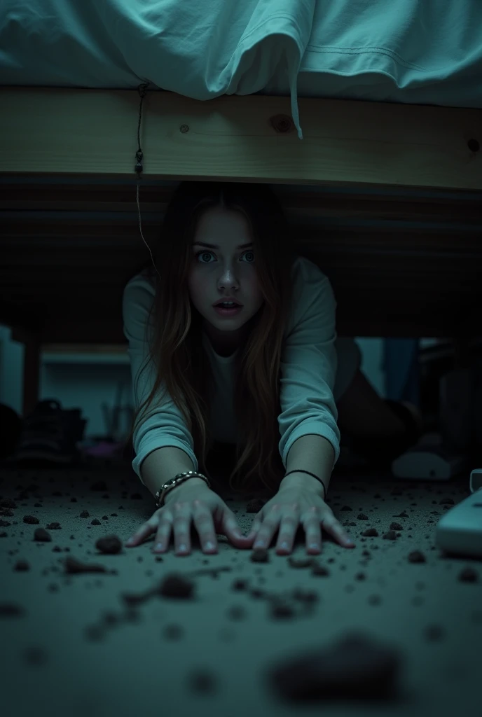 Show her being pulled under the bed , perspective image under the bed trying to - SeaArt AI