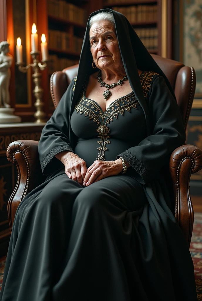 Elderly 80yo woman sitting on an old chair in a library, dressed as a ...