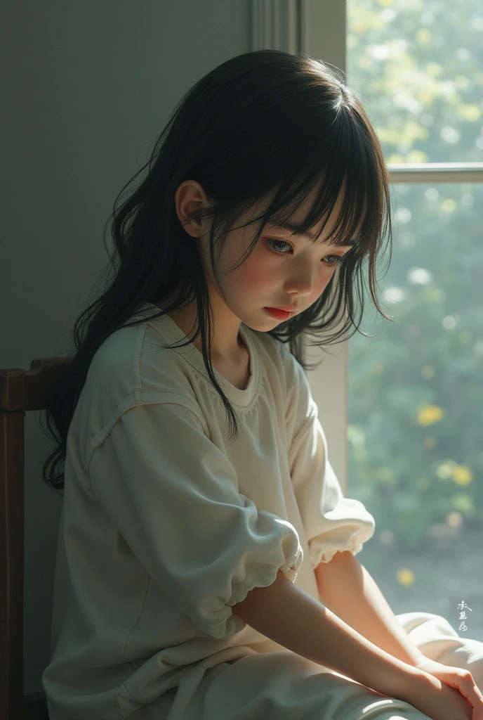 A girl sit in side pose in a sad mood and turn the face with imotion ...
