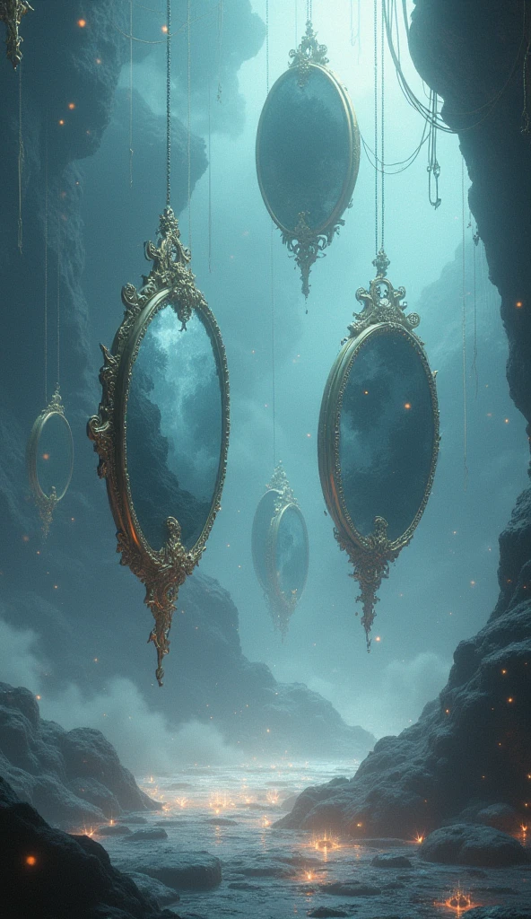 Give me an image of several mirrors in a fantasy world - SeaArt AI