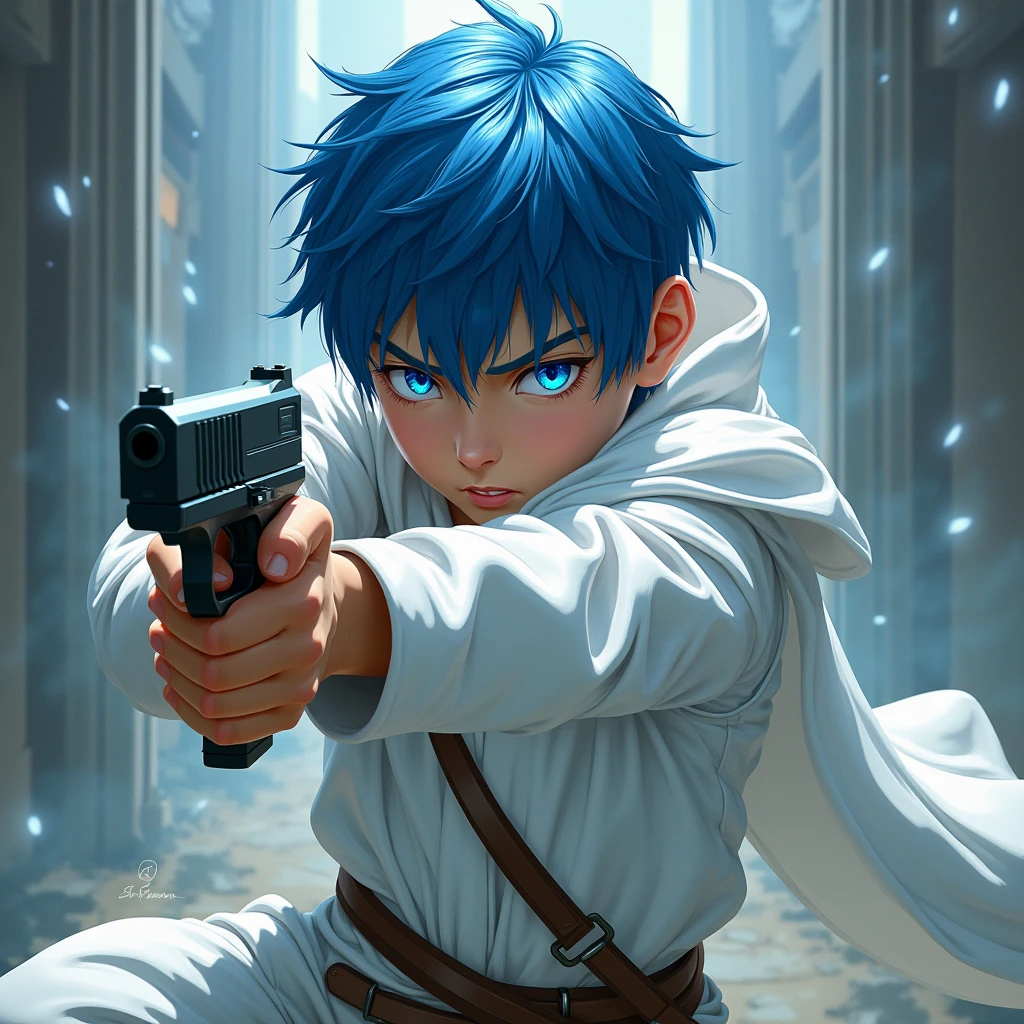 Boy with blue hair, with white clothes shoots a pistol at the enemy ...