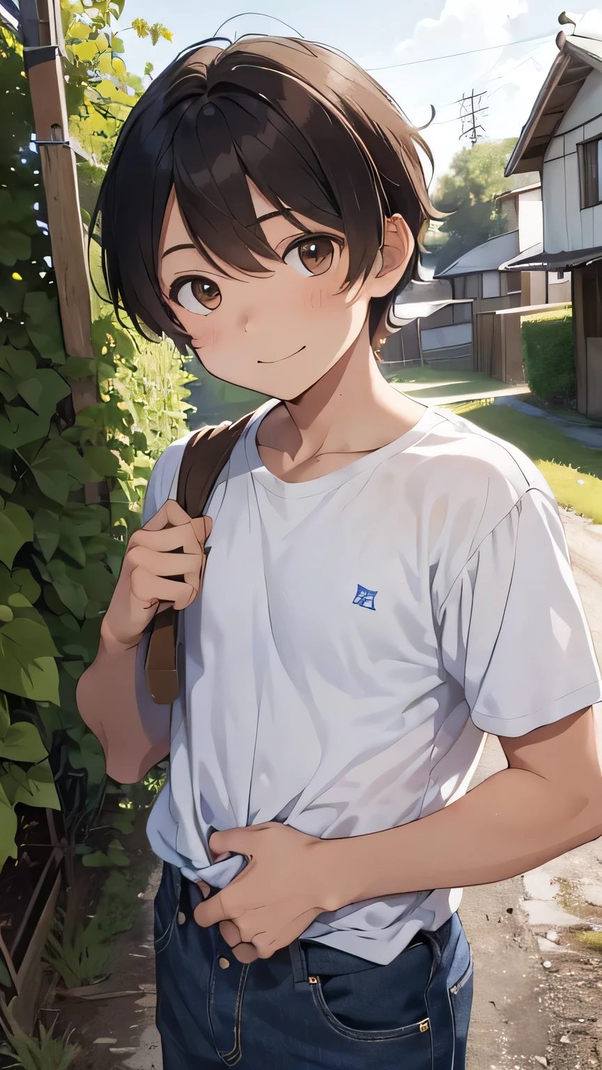 Anime boy with a backpack standing in front of a house - SeaArt AI