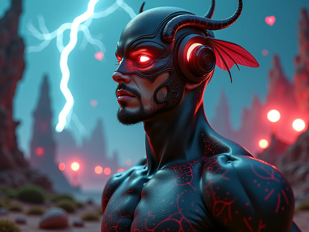 "A majestic, half-masked male model stands confidently, his chiseled ...