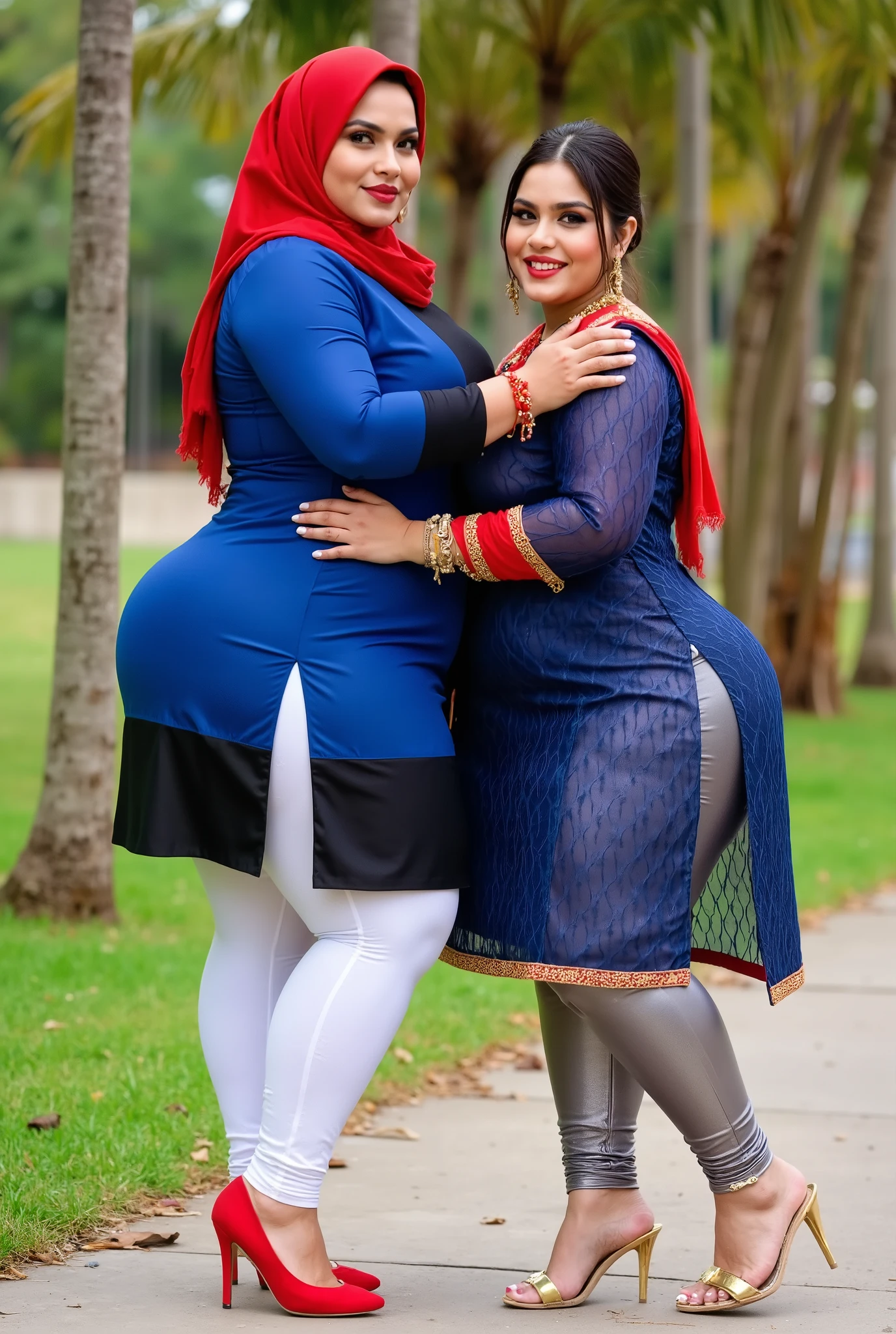 Two women in blue dresses and red shoes posing for a picture - SeaArt AI