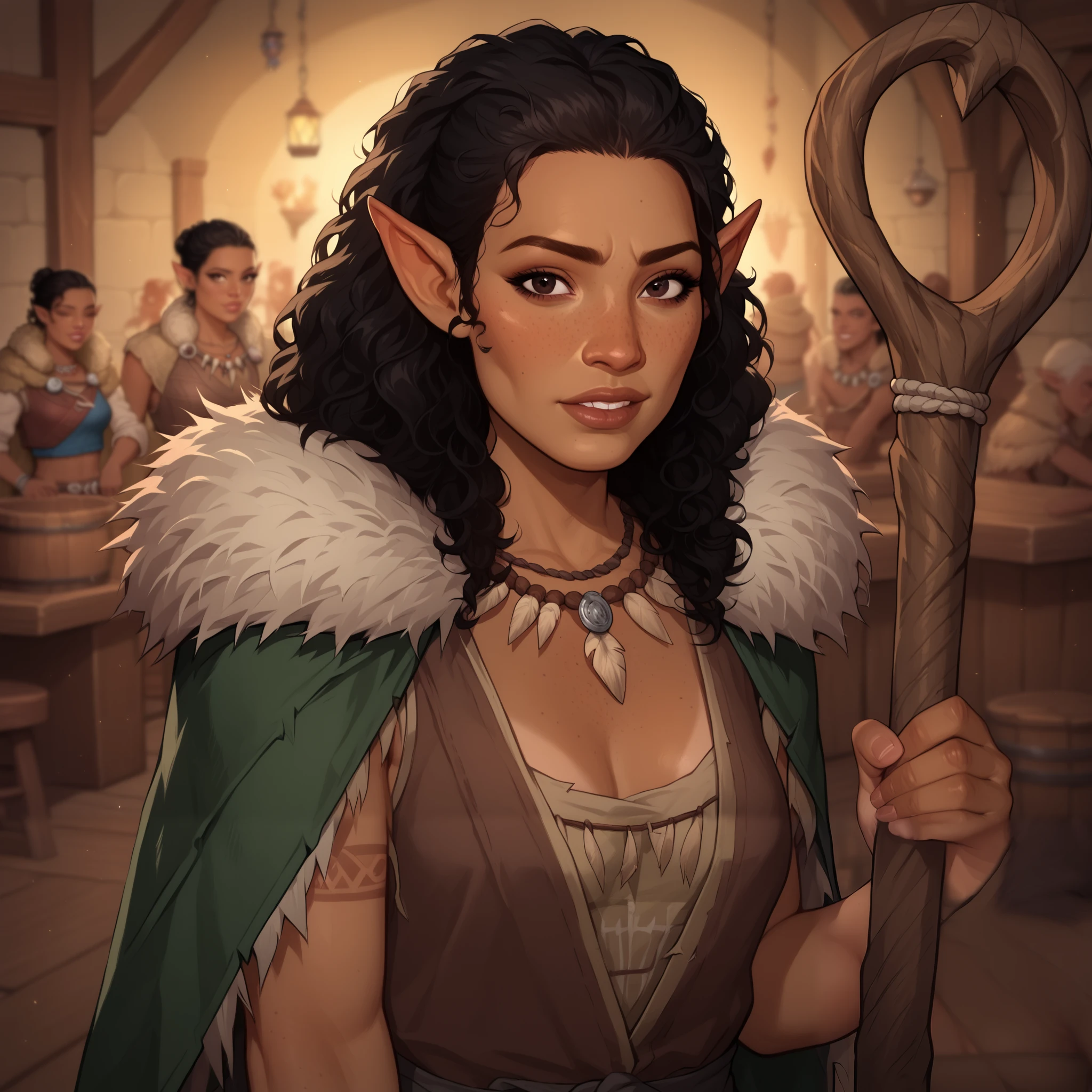 There is a woman with a staff in a restaurant - SeaArt AI