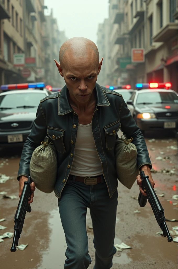 Super realistic image: man with a Martian's head carrying automatic ...