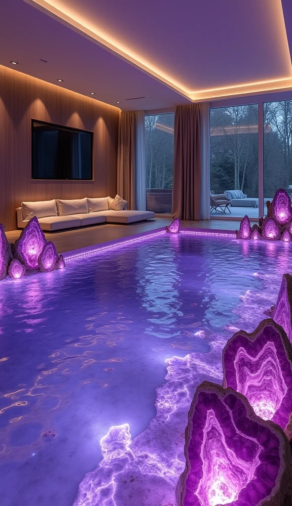 A pool with crystal amethist geodes in a living room - SeaArt AI