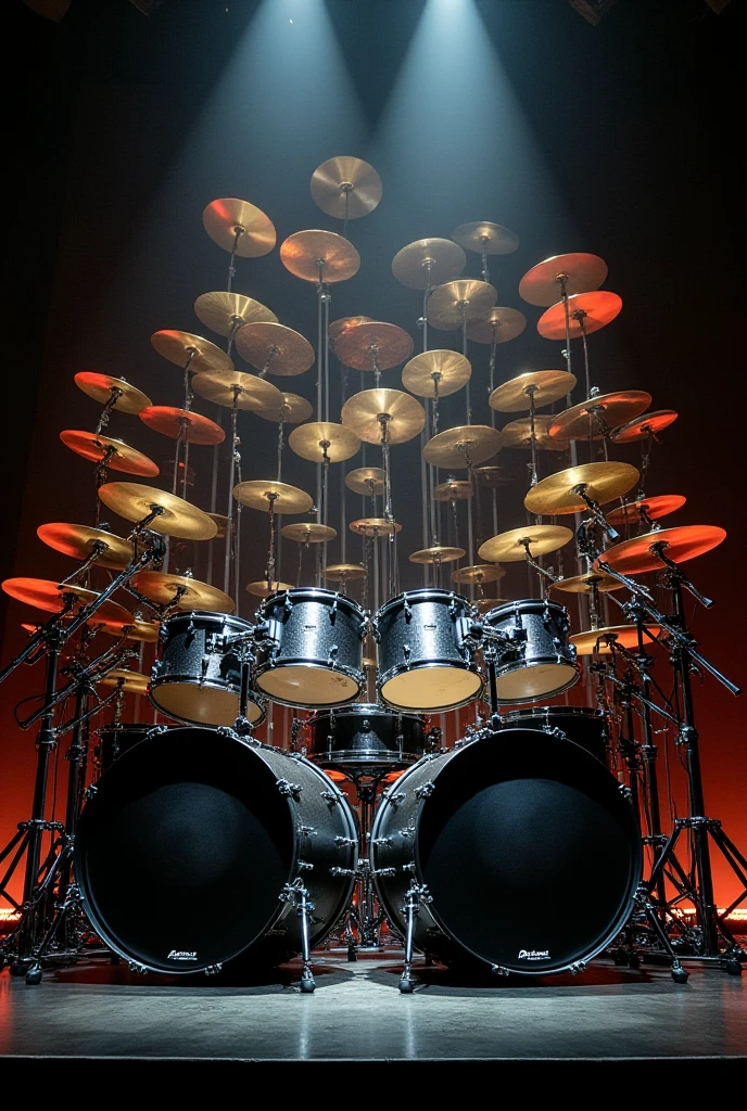 Um conjunto de bateria com dois bumbo e 30 pratos e tambores tom ...